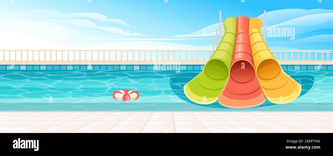 Beautiful clear pool with water park slides tube. Bright clear water in pool, colorful pipes ...