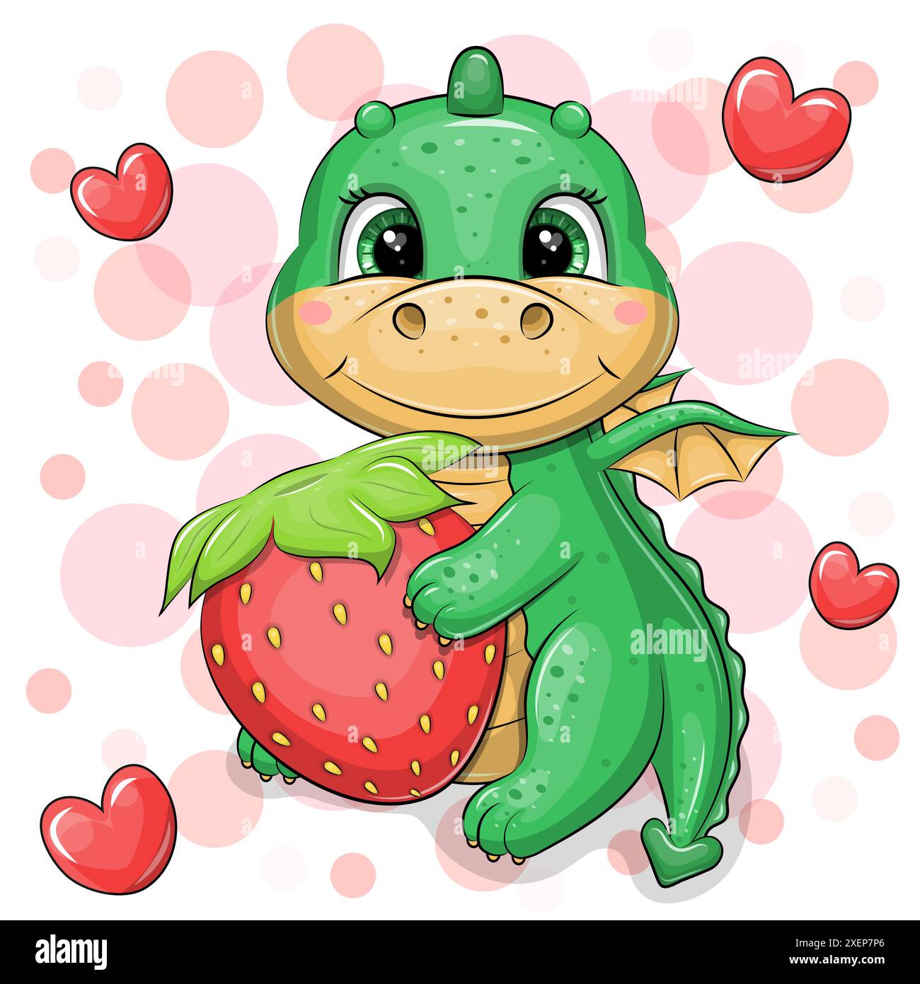 Cute cartoon green dragon with red strawberry. Vector illustration of ...