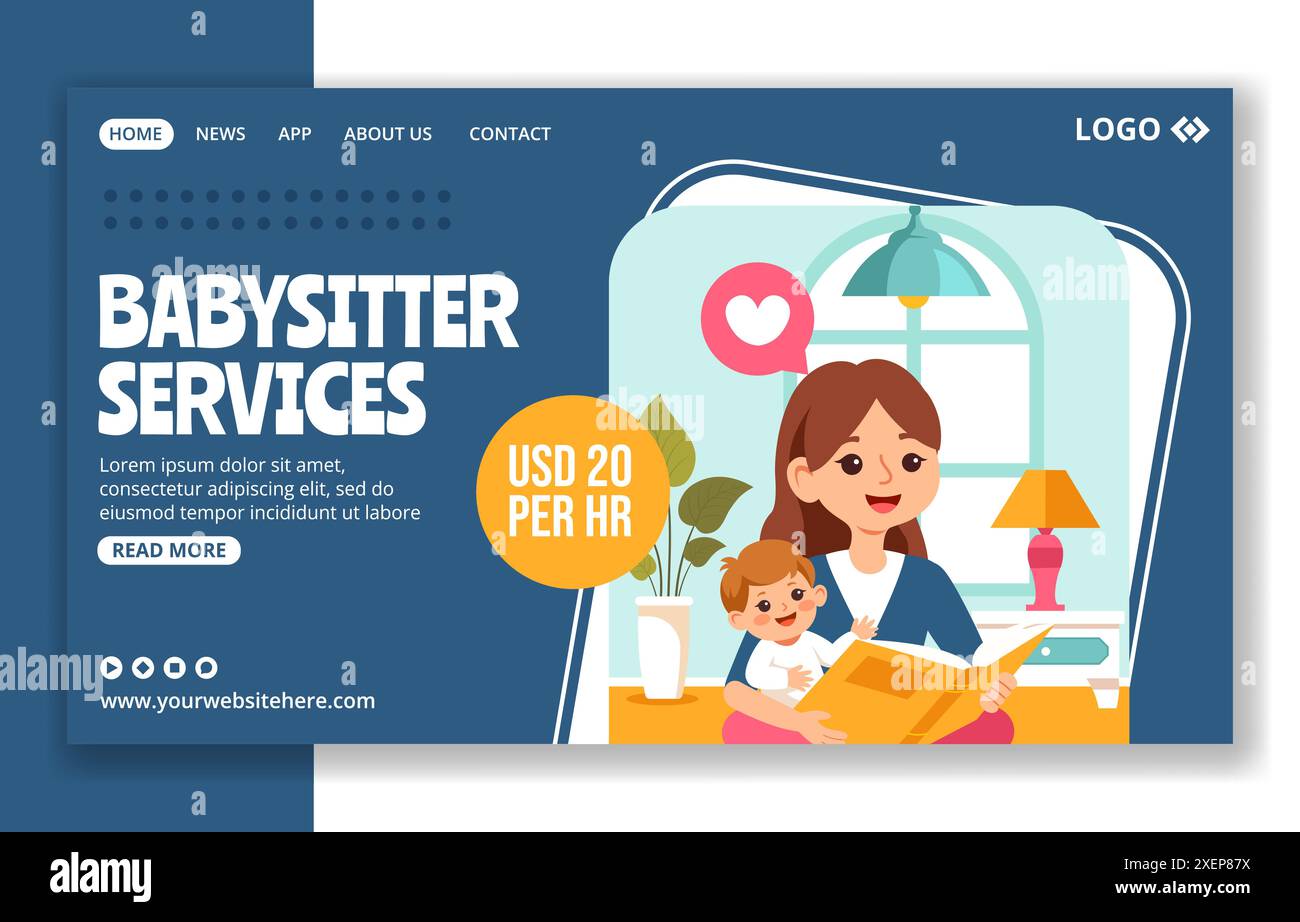 Babysitter or Nanny Services Social Media Landing Page Cartoon Hand ...