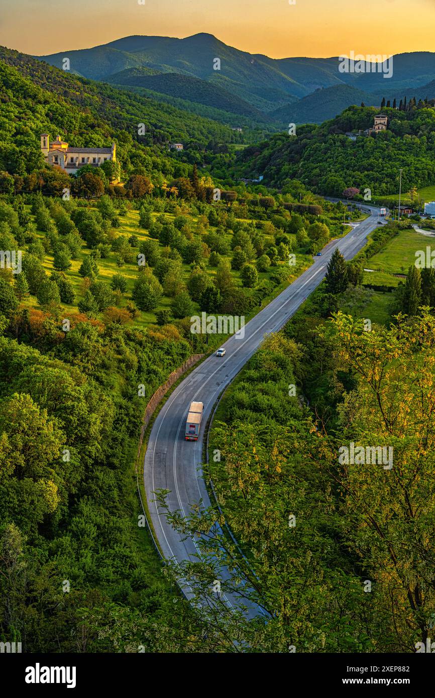 Aerial panorama of the Via Flaminia near Spoleto with the church of San ...