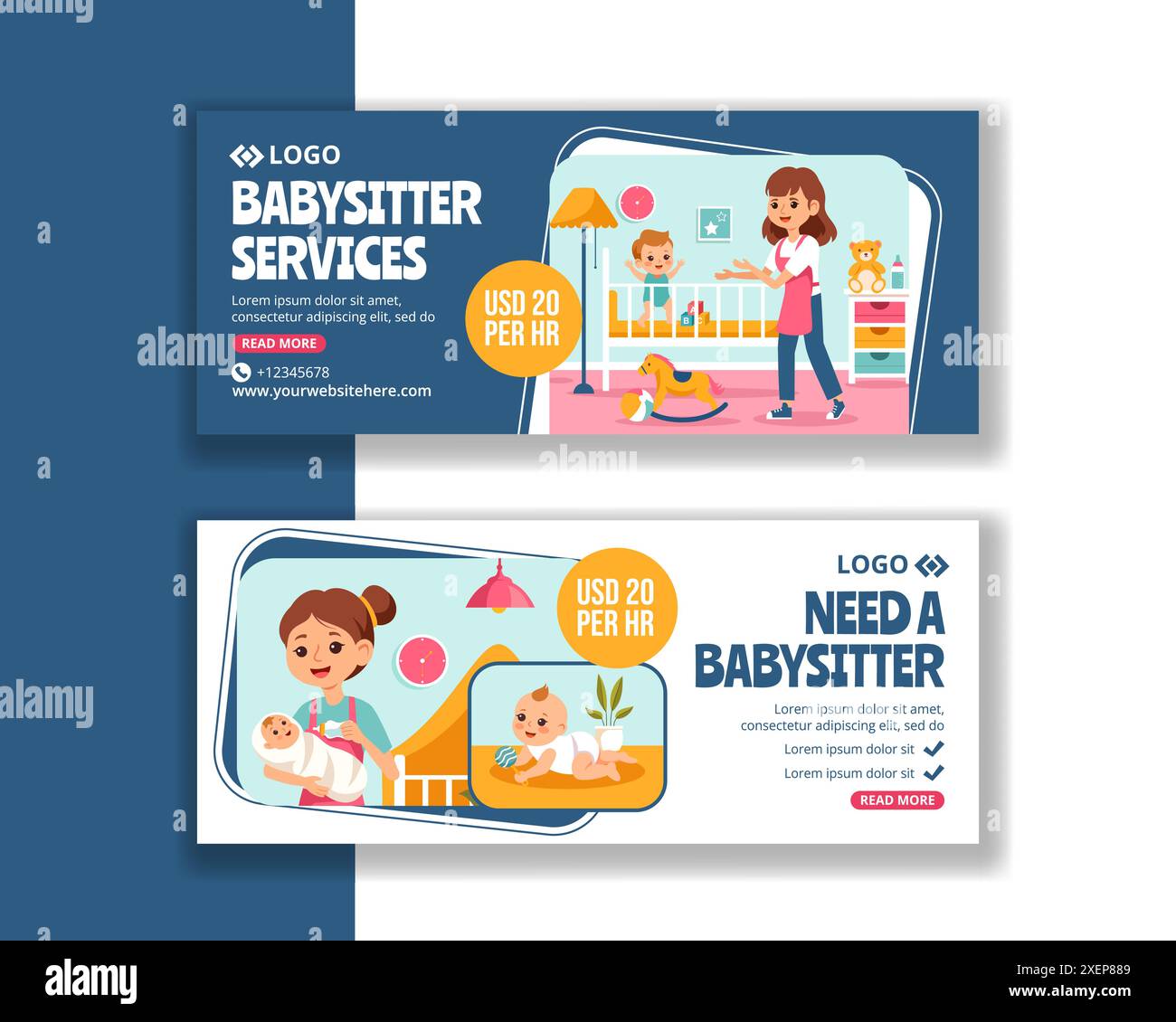 Babysitter or Nanny Services Horizontal Banner Flat Cartoon Hand Drawn ...