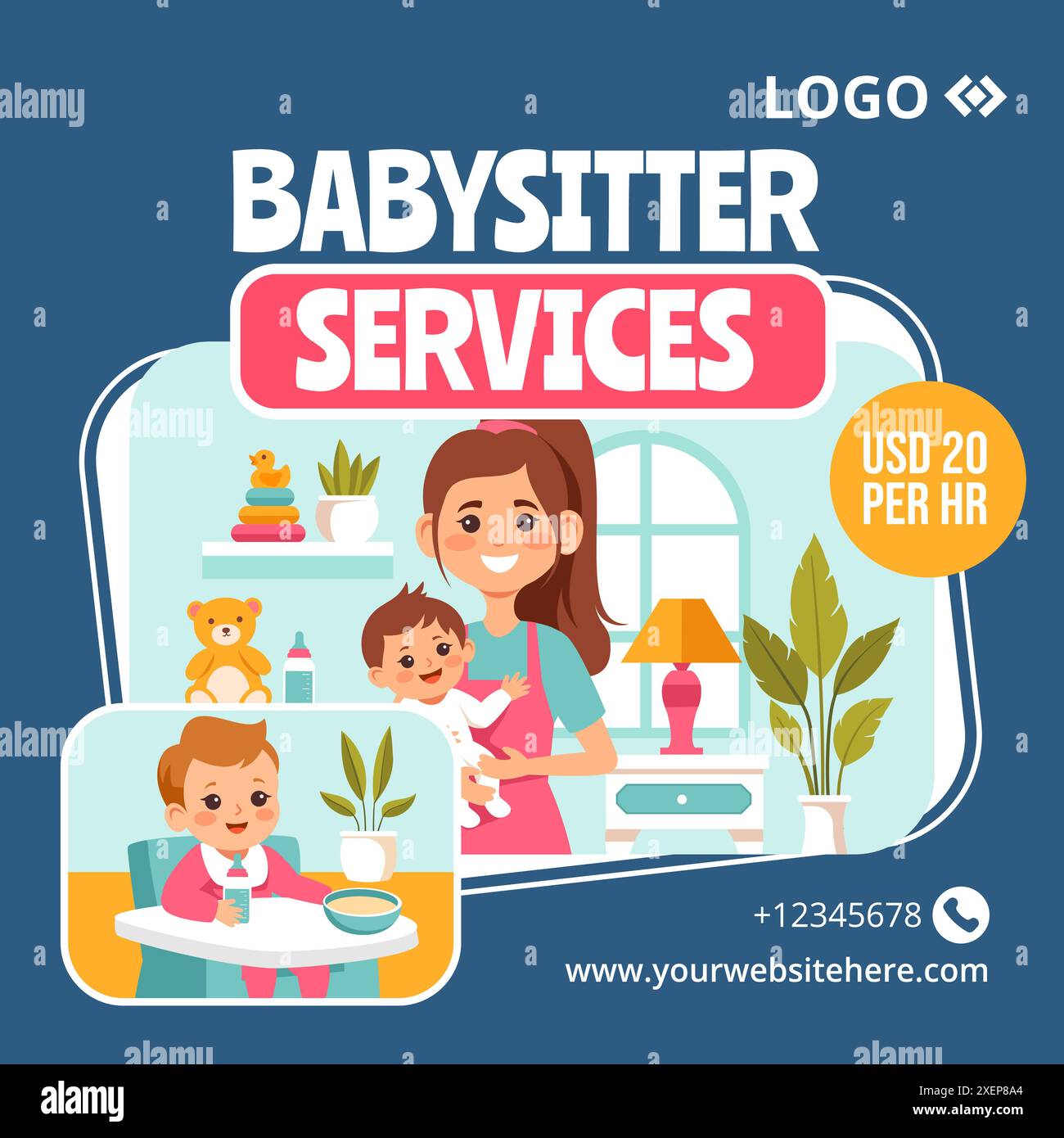 Babysitter or Nanny Services Social Media Illustration Flat Cartoon ...