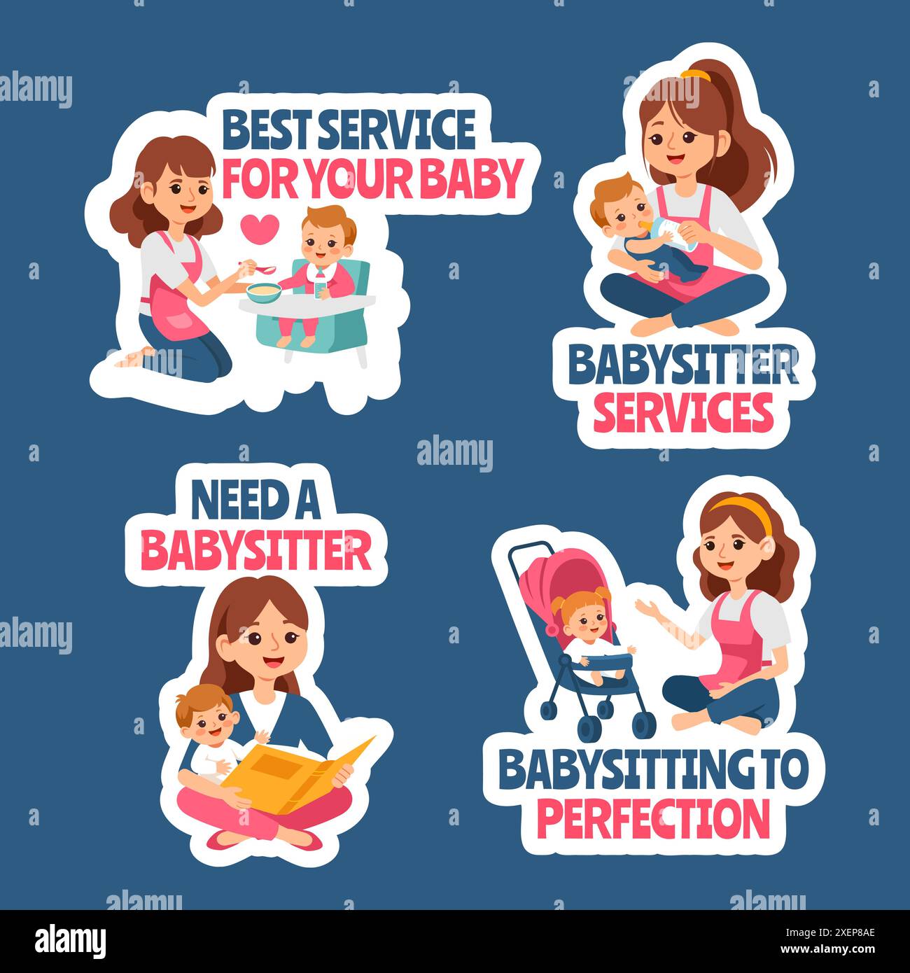 Babysitter or Nanny Services Label Flat Cartoon Hand Drawn Templates ...