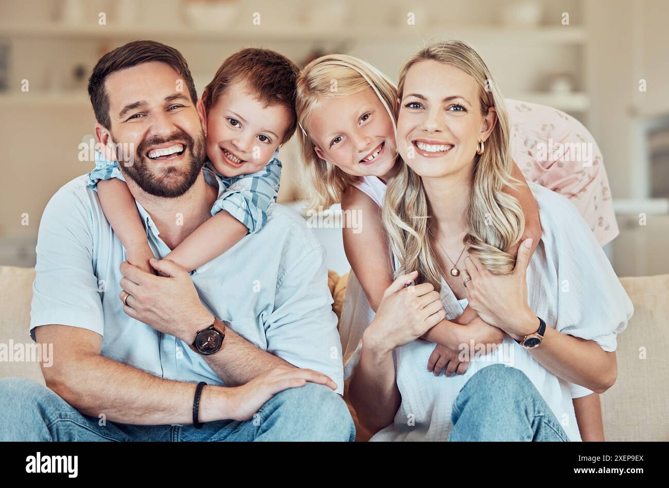 Happy, family and portrait in home with hug for love, support and ...