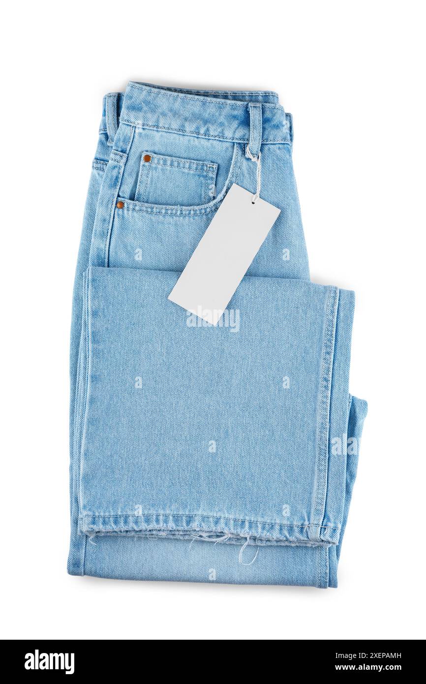 Denim blue jean, folded blue jeans pants with blank label tag, isolated ...