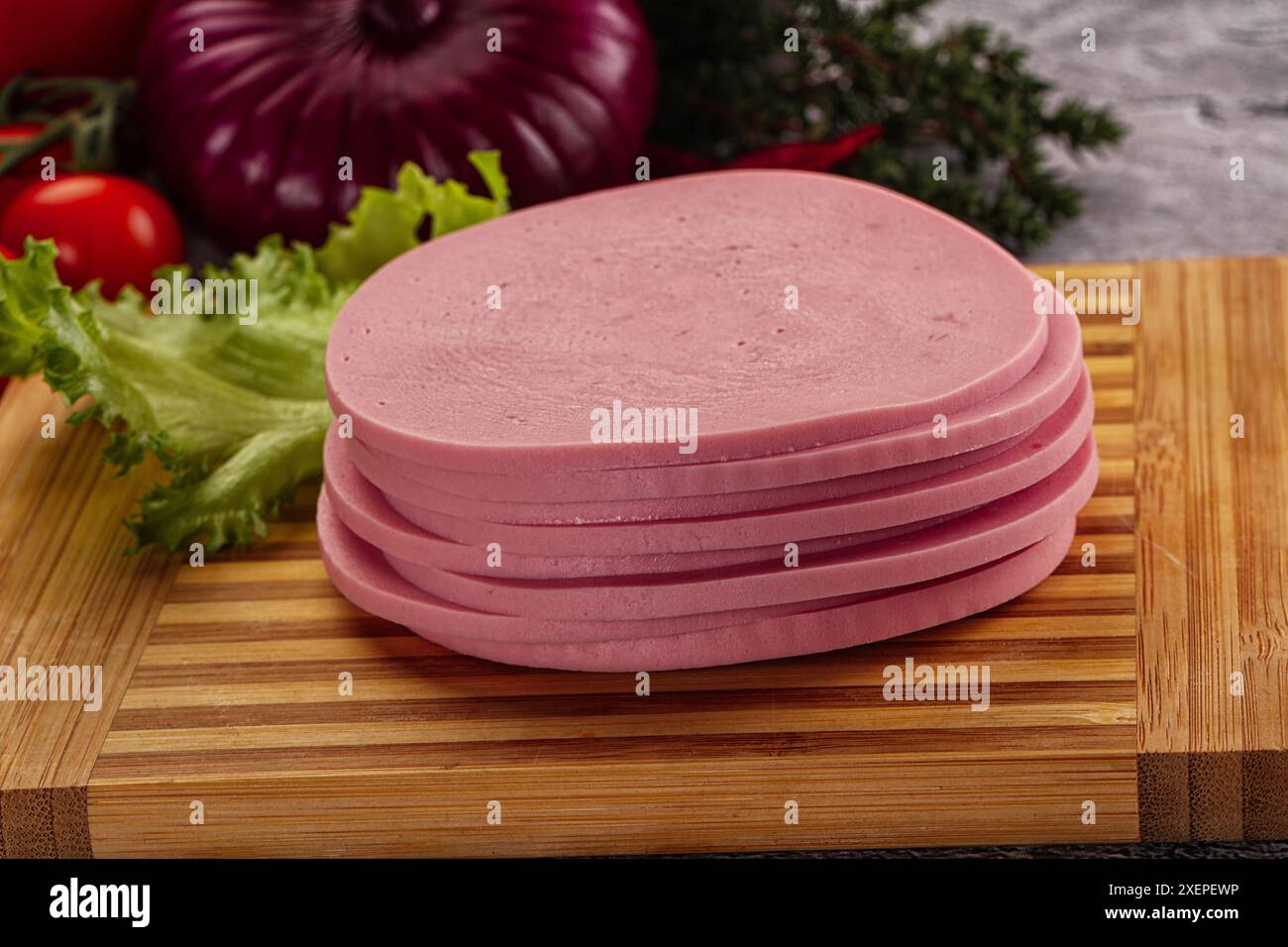 Boiled pork sliced sausage stack for breakfast Stock Photo - Alamy