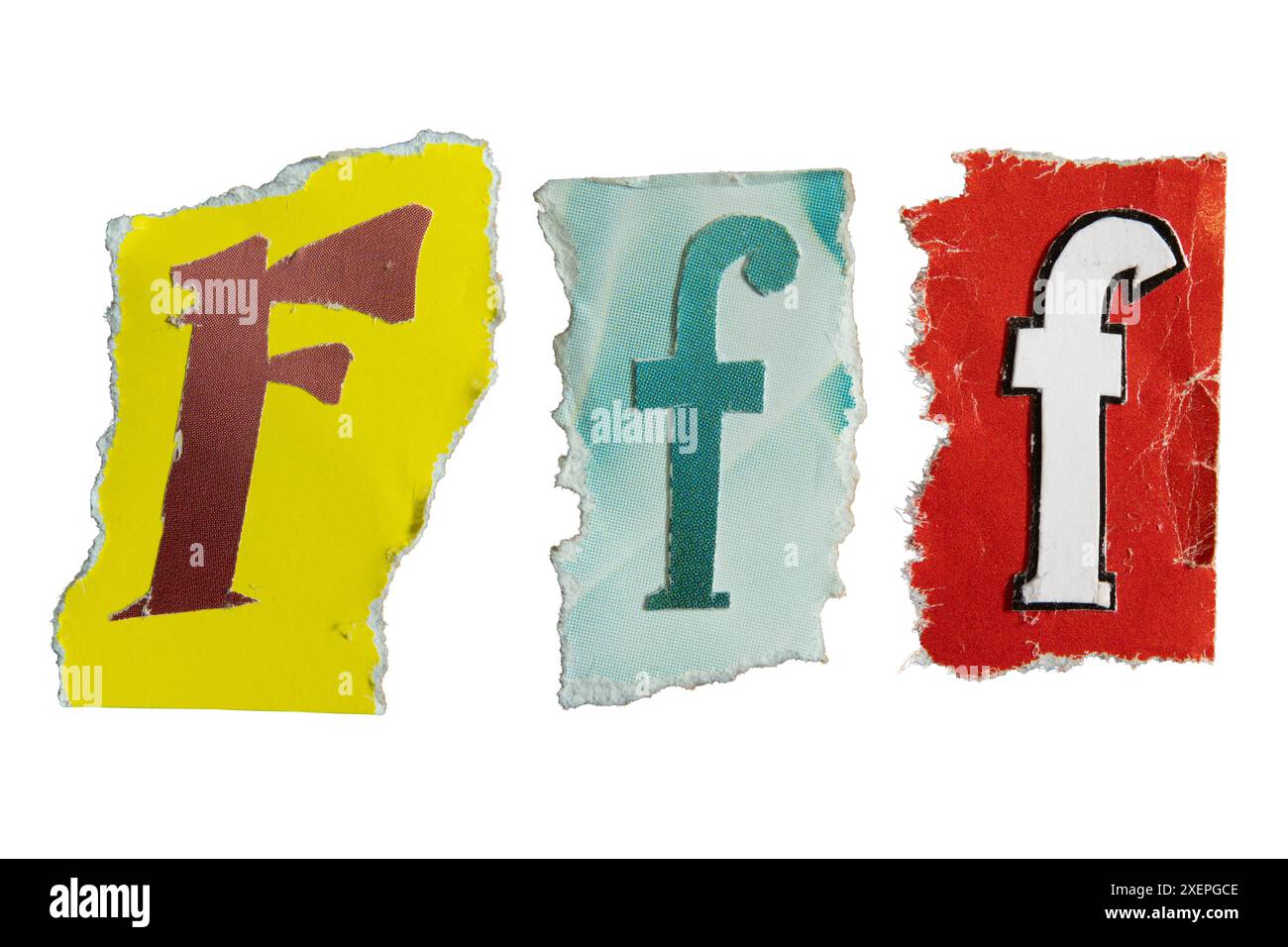 F alphabet torn from a magazine paper on white background with clipping ...