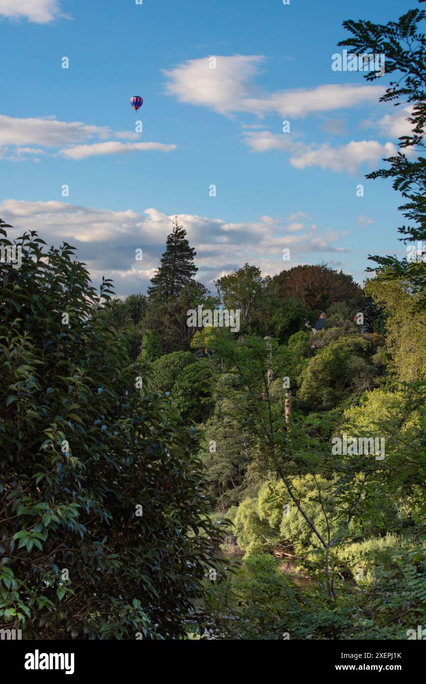 A single hot air balloon floats gently past the city of Hamilton and ...