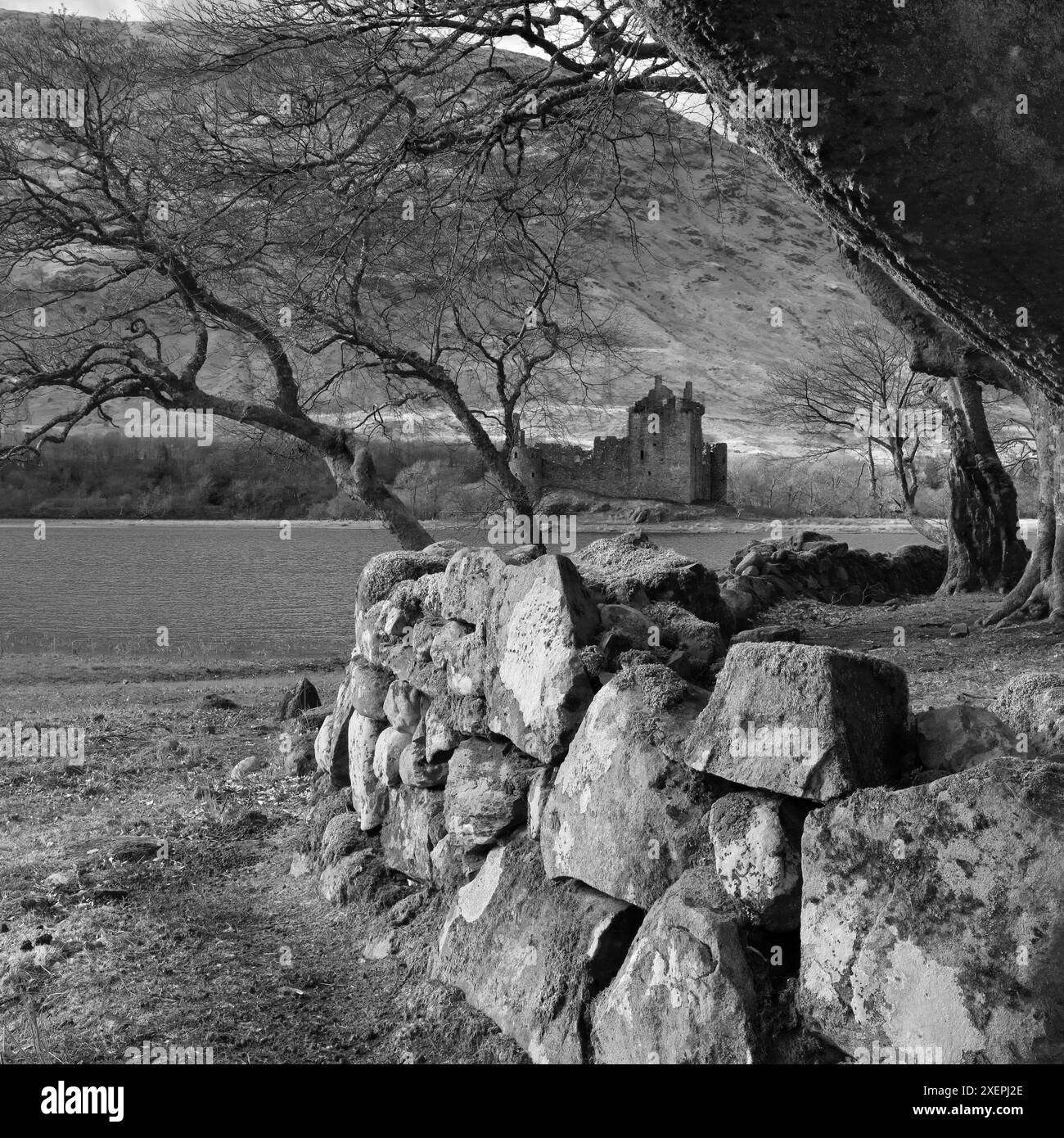 Black and white image of Loch Awe with Kilchurn Castle in the ...