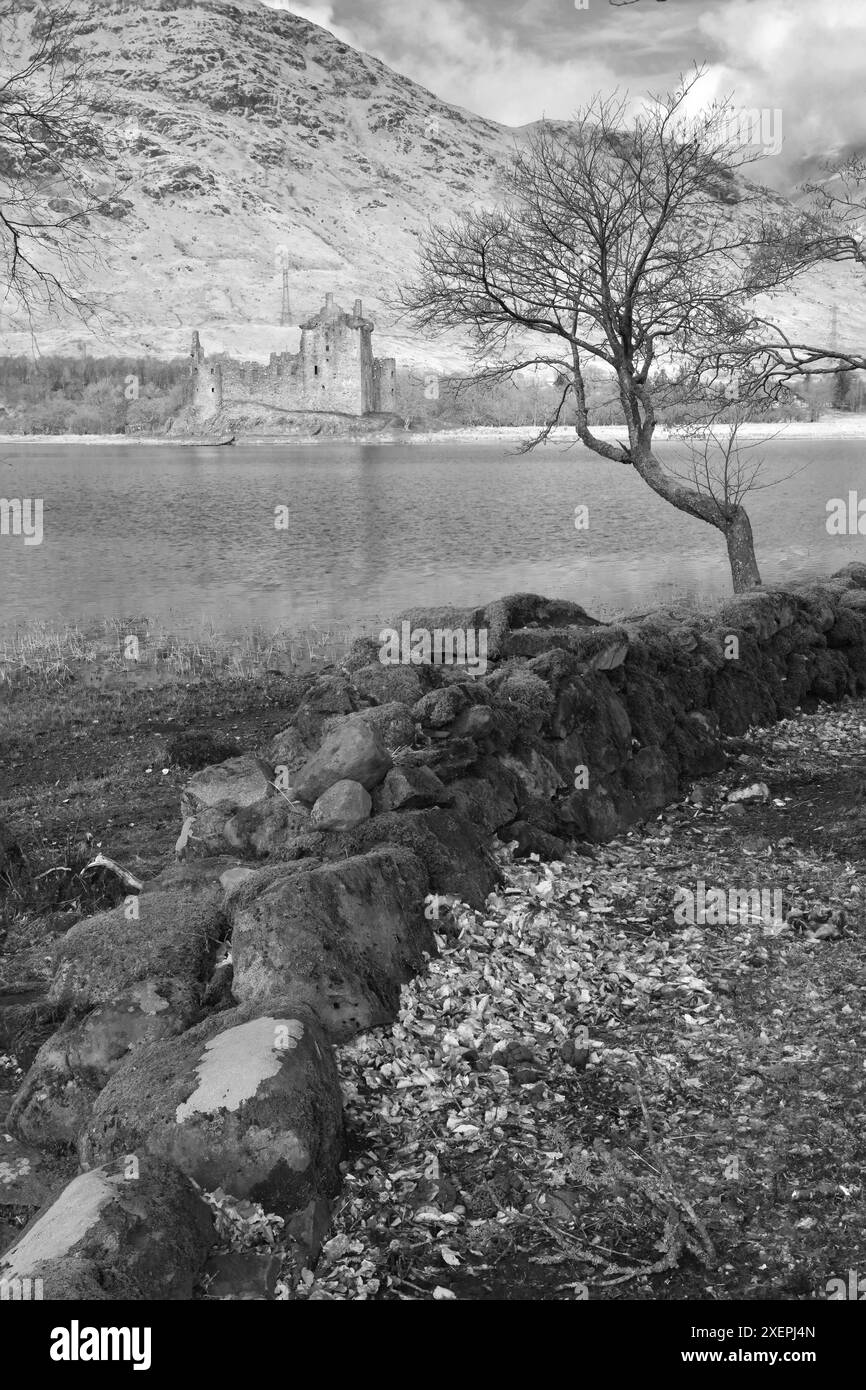 Black and white image of Loch Awe with Kilchurn Castle in the ...