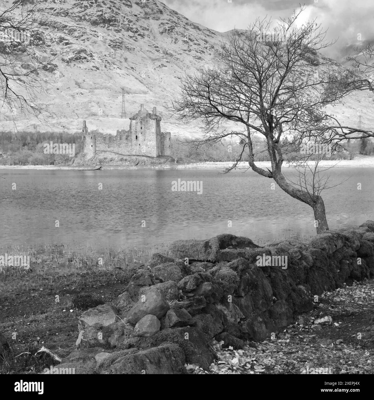 Black and white image of Loch Awe with Kilchurn Castle in the ...