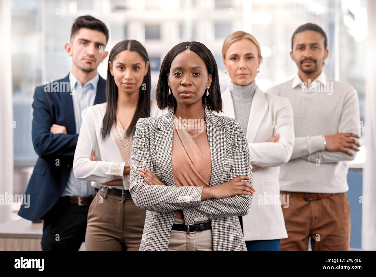 Business people, portrait and confident for company mission in office ...