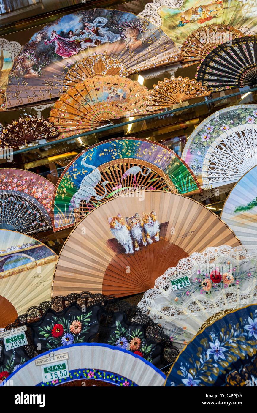 Hand painted Spanish fans on sale in a shop, Seville, Andalusia, Spain ...