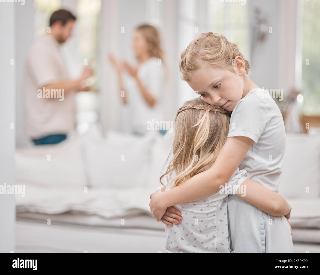 Divorce, hug and children on sofa with parents in argument for conflict ...