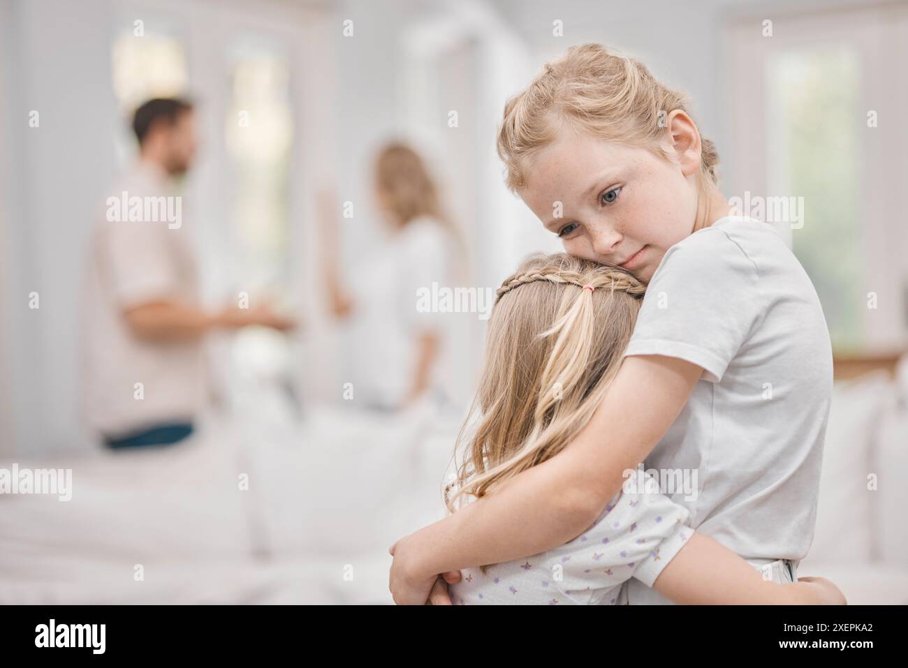 Divorce, hug and children on sofa with parents in argument for conflict ...