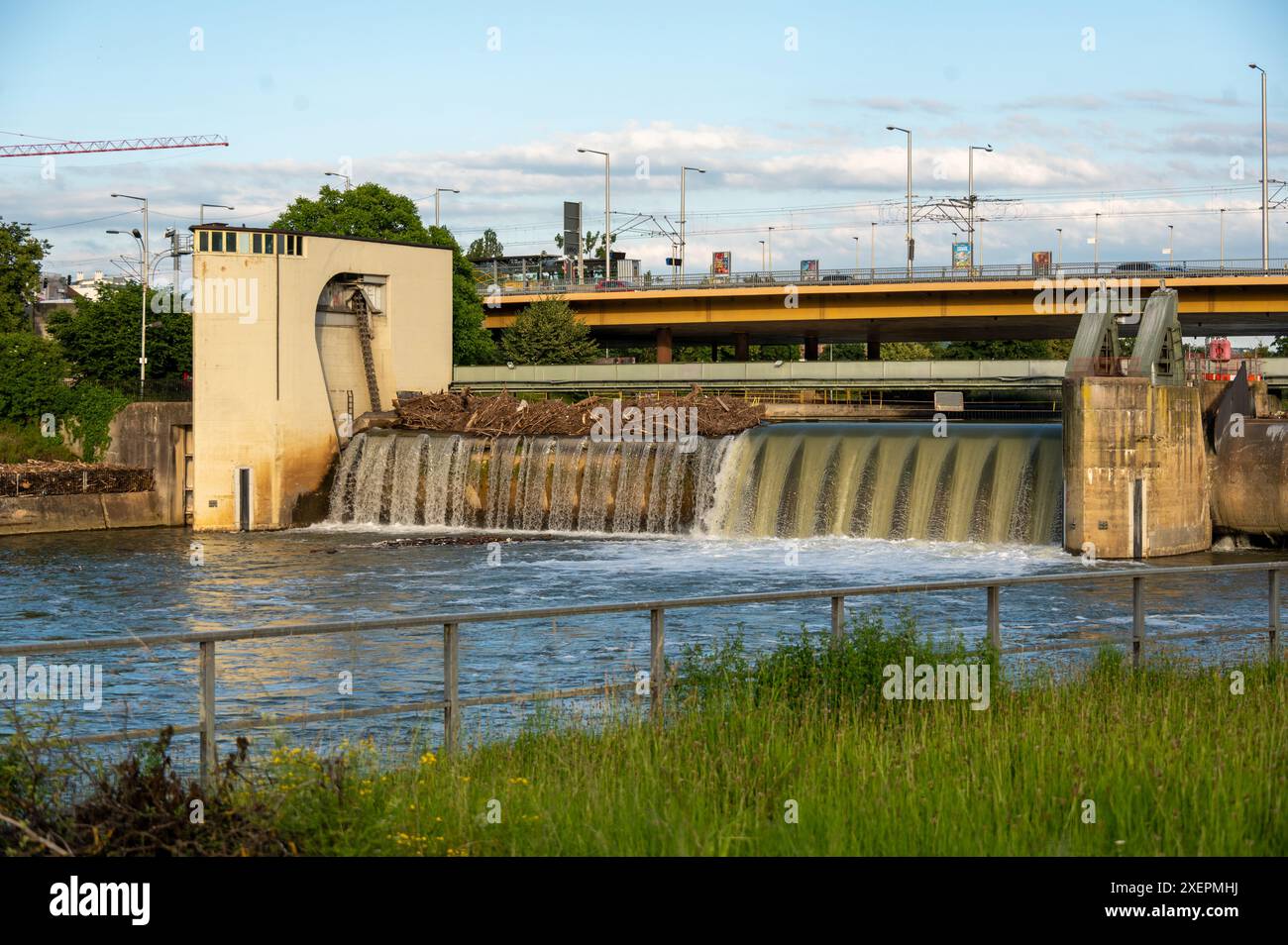 The Stuttgart Neckar river Lock-water navigation full of tree branches ...