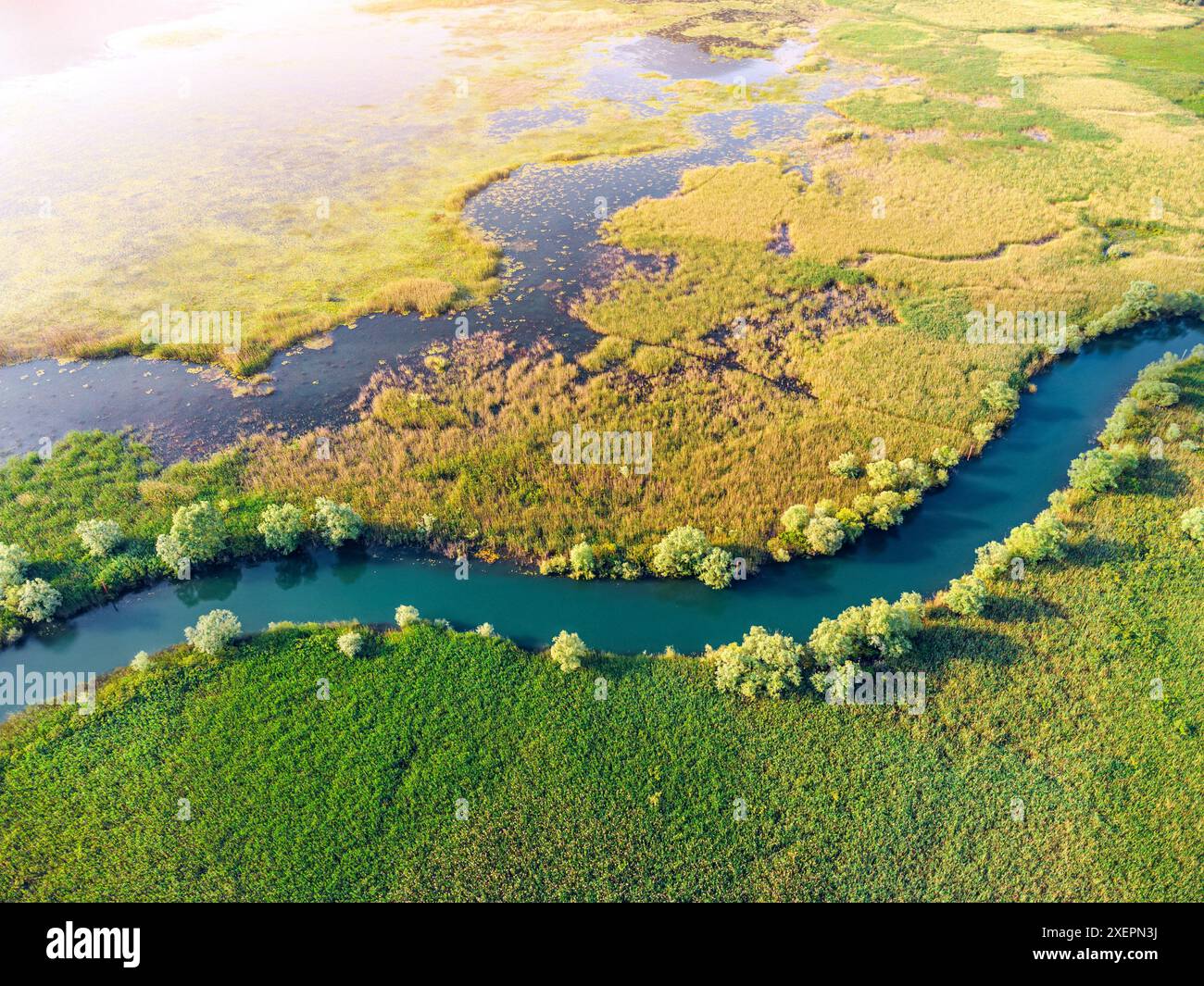 Aerial view of the lush ecosystem around Lake Skadar in Montenegro ...