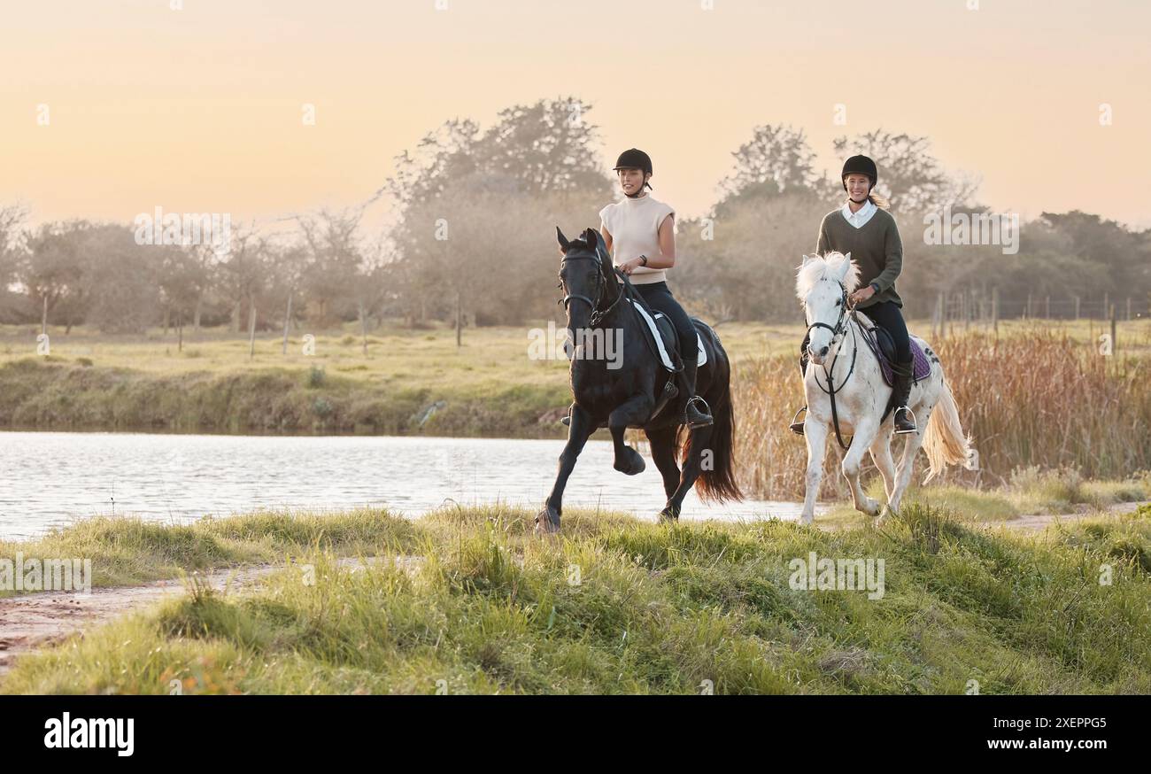Friends, women and horses in farm for riding, freedom and recreation ...