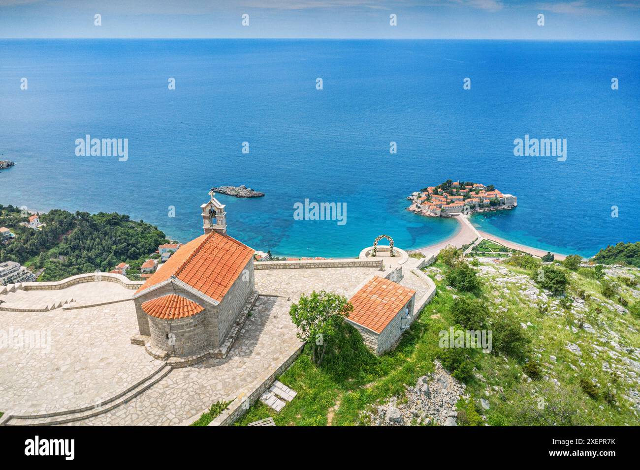 Aerial view of Montenegro's Sveti Stefan, highlighting the historic St ...