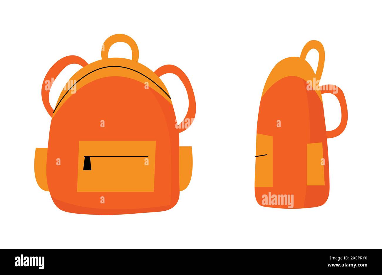 Orange school bag flat illustration front and side views with zipper ...