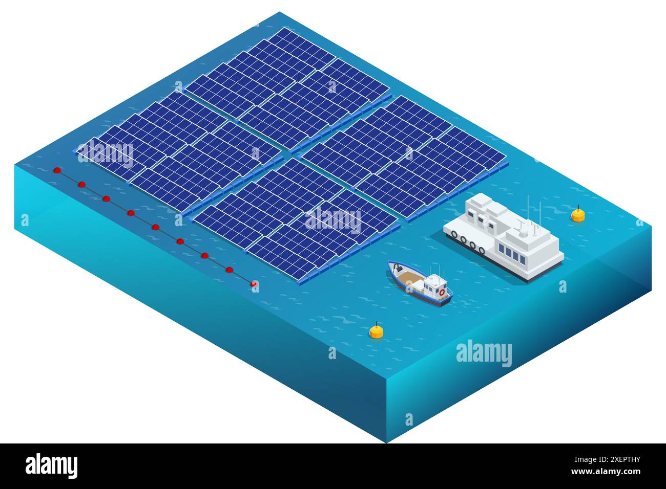 Isometric Solar panels or Solar cells on a buoy floating in a lake, sea ...