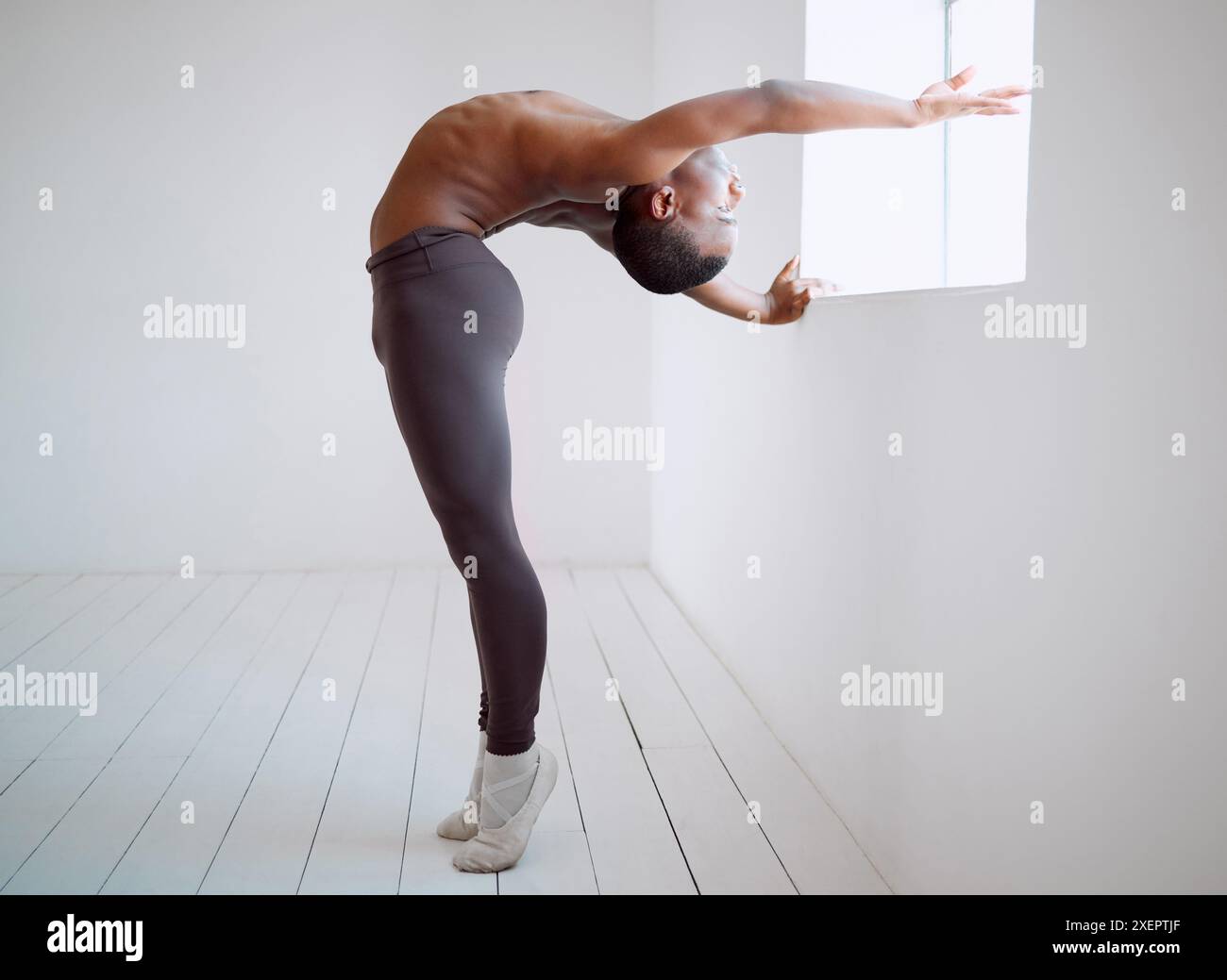Balance, ballerina or boy in studio, artist and mockup space for ...