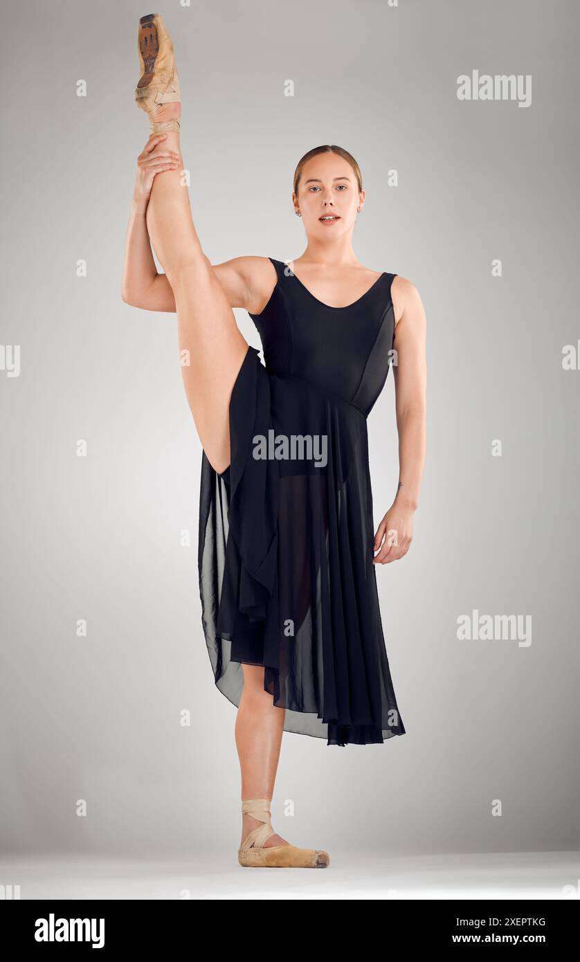 Balance, stretching and ballet portrait of woman in studio for dancing ...