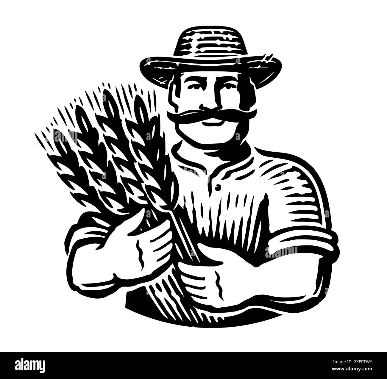 Senior farmer holding a bundle of wheat ears. Farm worker and organic ...