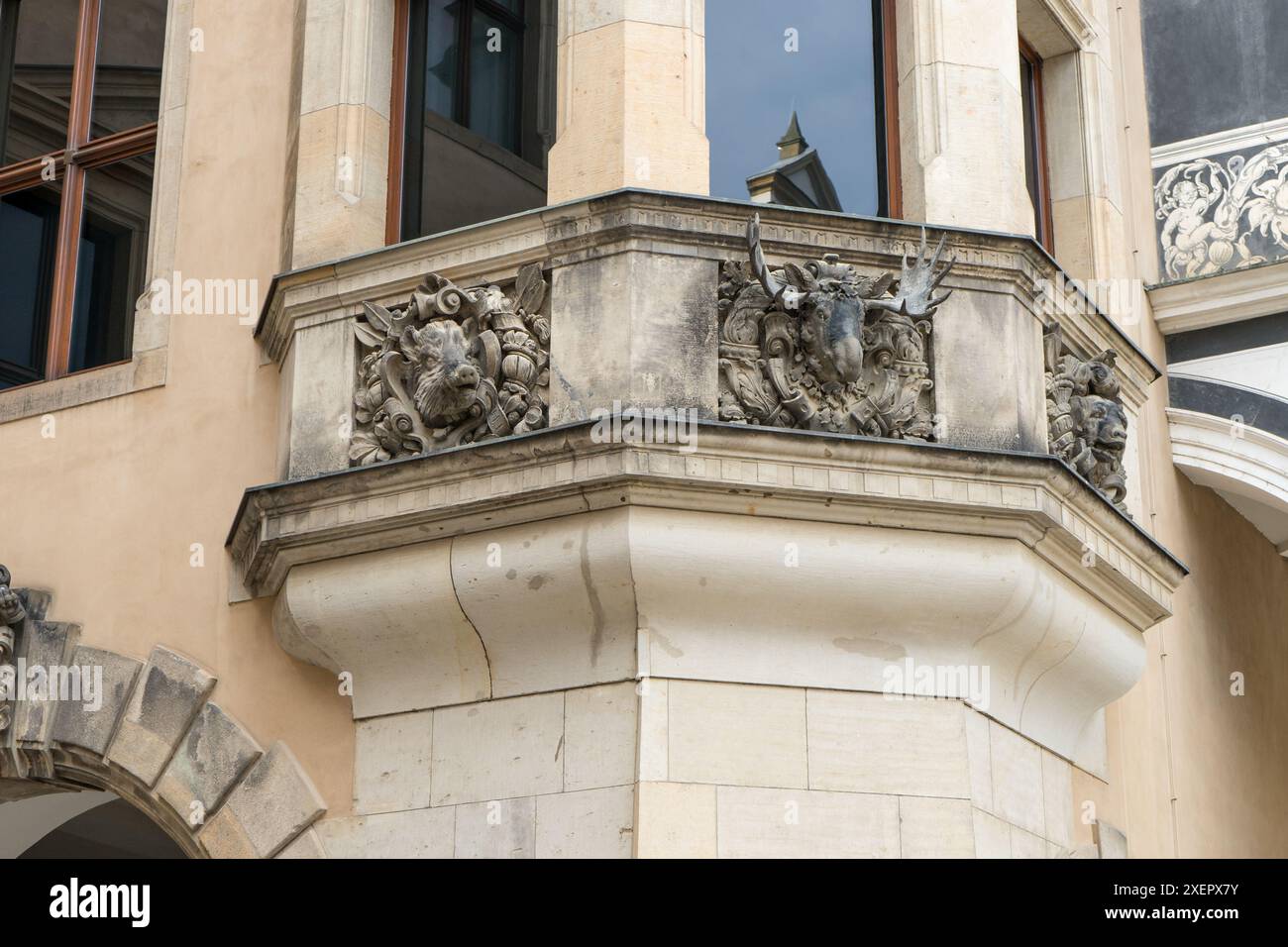 Bay window with sandstone sculptures in Stallhof Dresden, Saxony ...