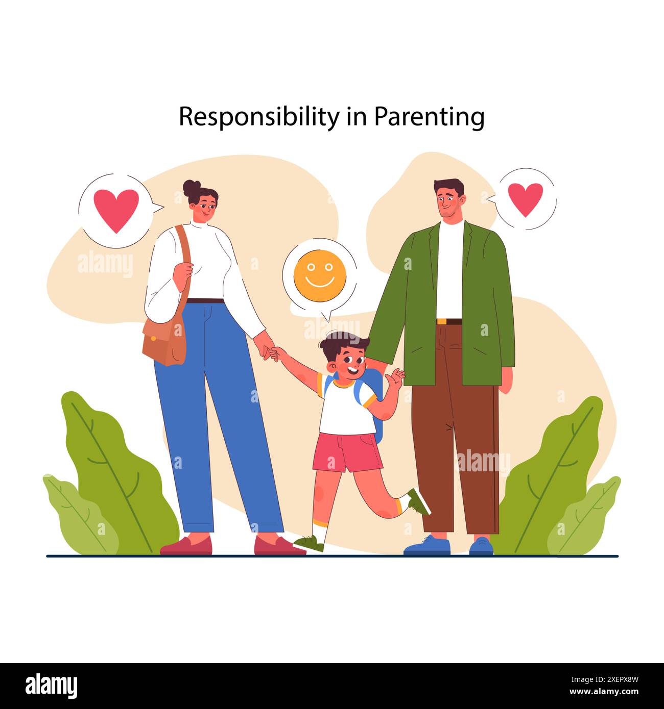 Positive parenting. Happy family, mom dad and son. Nurturing of your child's responsibility. Kid ...