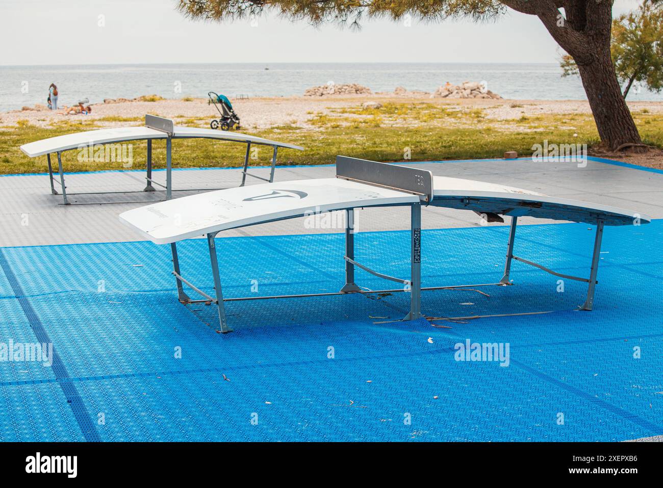 07 May 2024, Bar, Montenegro: Teqball table set up on a field, ready ...