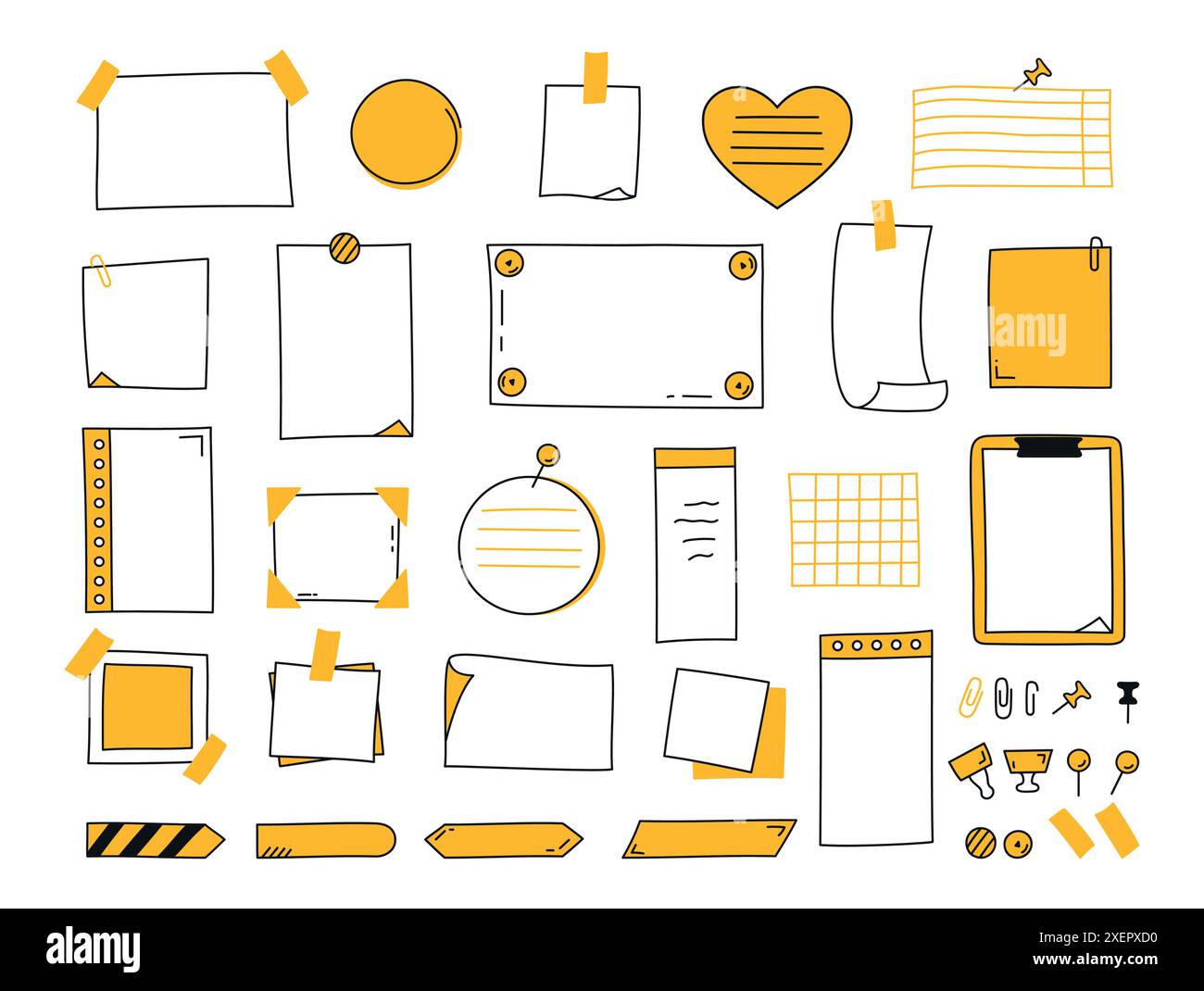 Doodle paper notes set in yellow color. Paper sheets, stickers ...