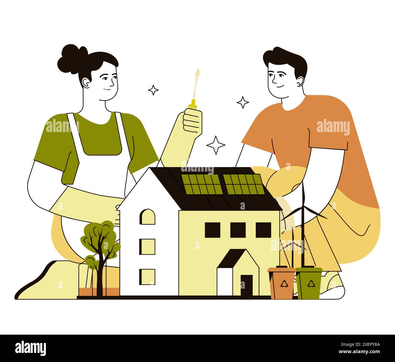 Retrofit movement. Couple doing a home renovation together. Old house ... Retrofit movement. Couple doing a home renovation together. Old house ...