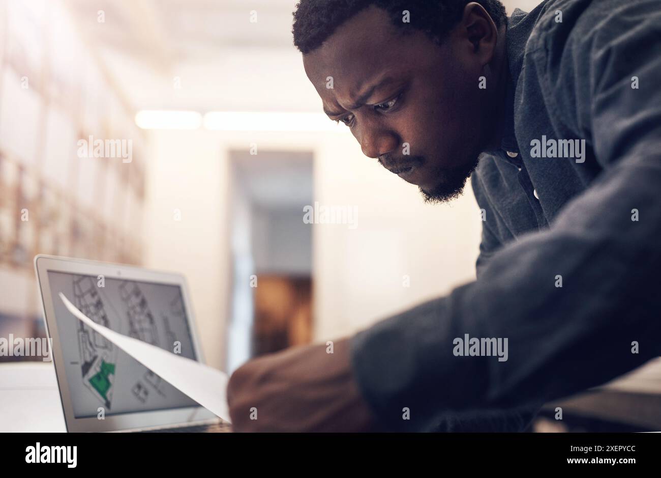 Architecture, laptop and business black man with blueprint for design ...