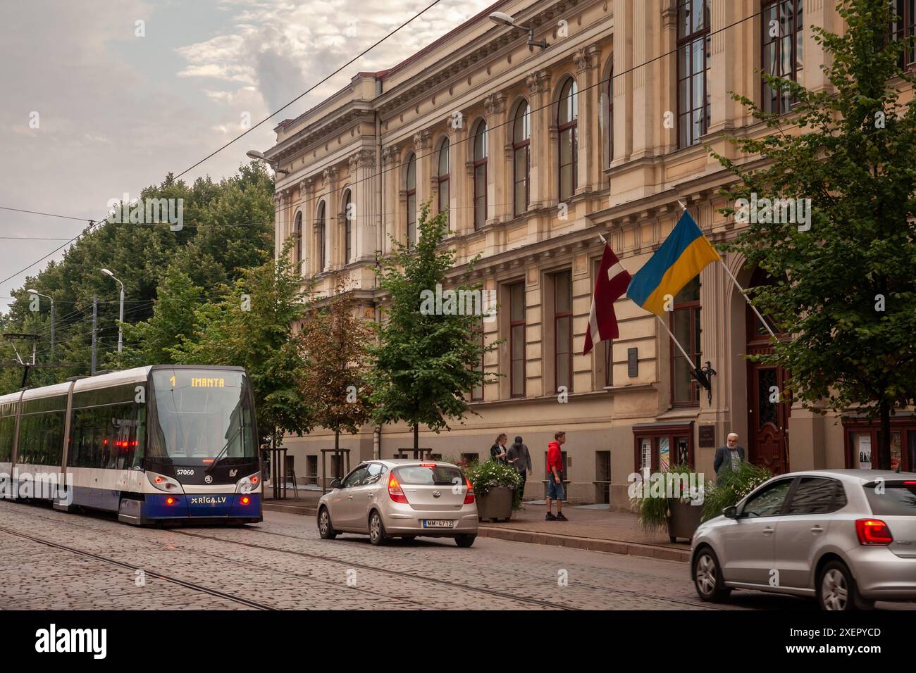 Picture of a Skoda 15T tram running in the streets of riga, operated by ...