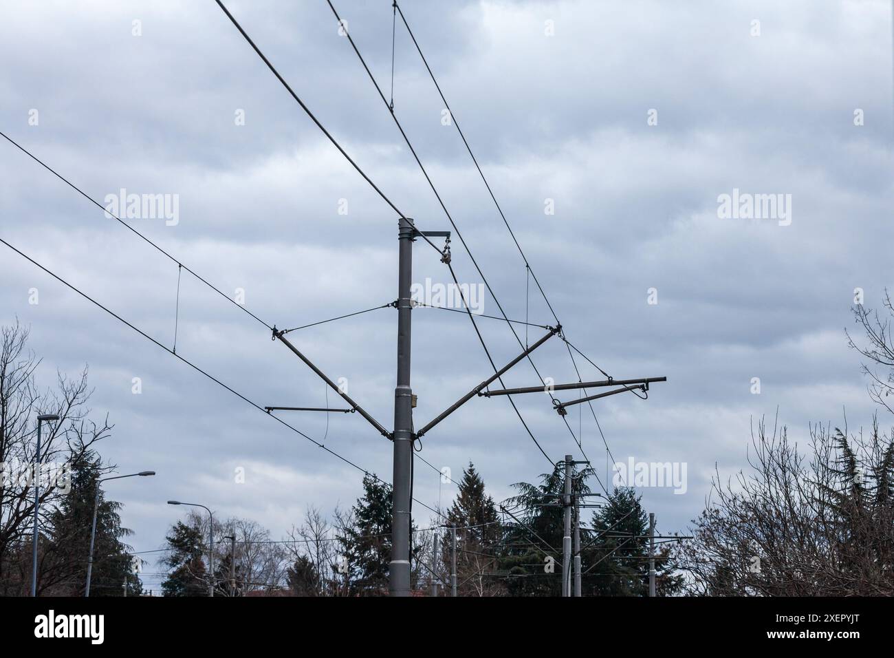 A detailed view of the tram overhead line and power supply ...