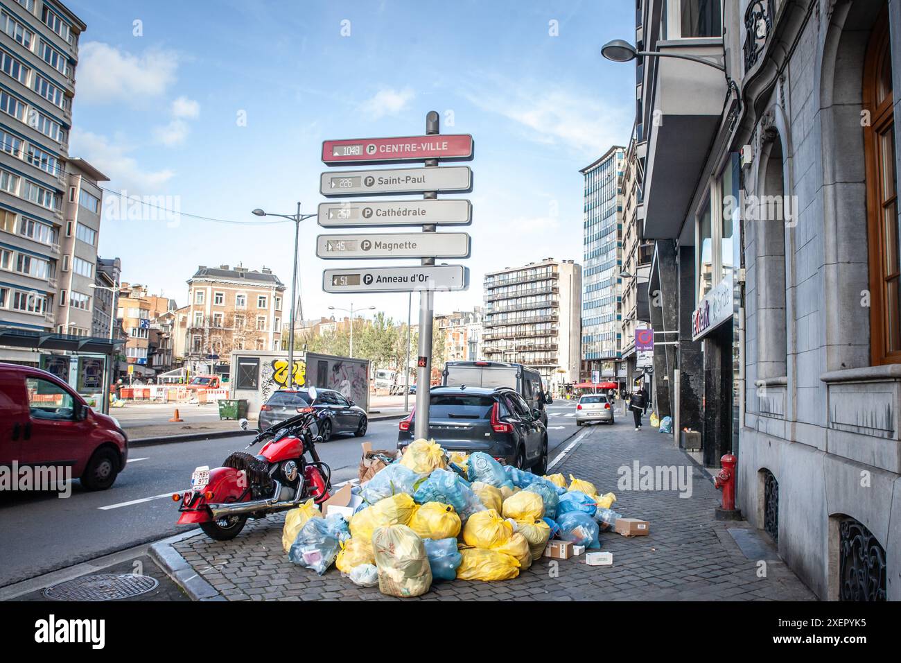 This photo shows garbage bags stacked in the city center of Liege ...