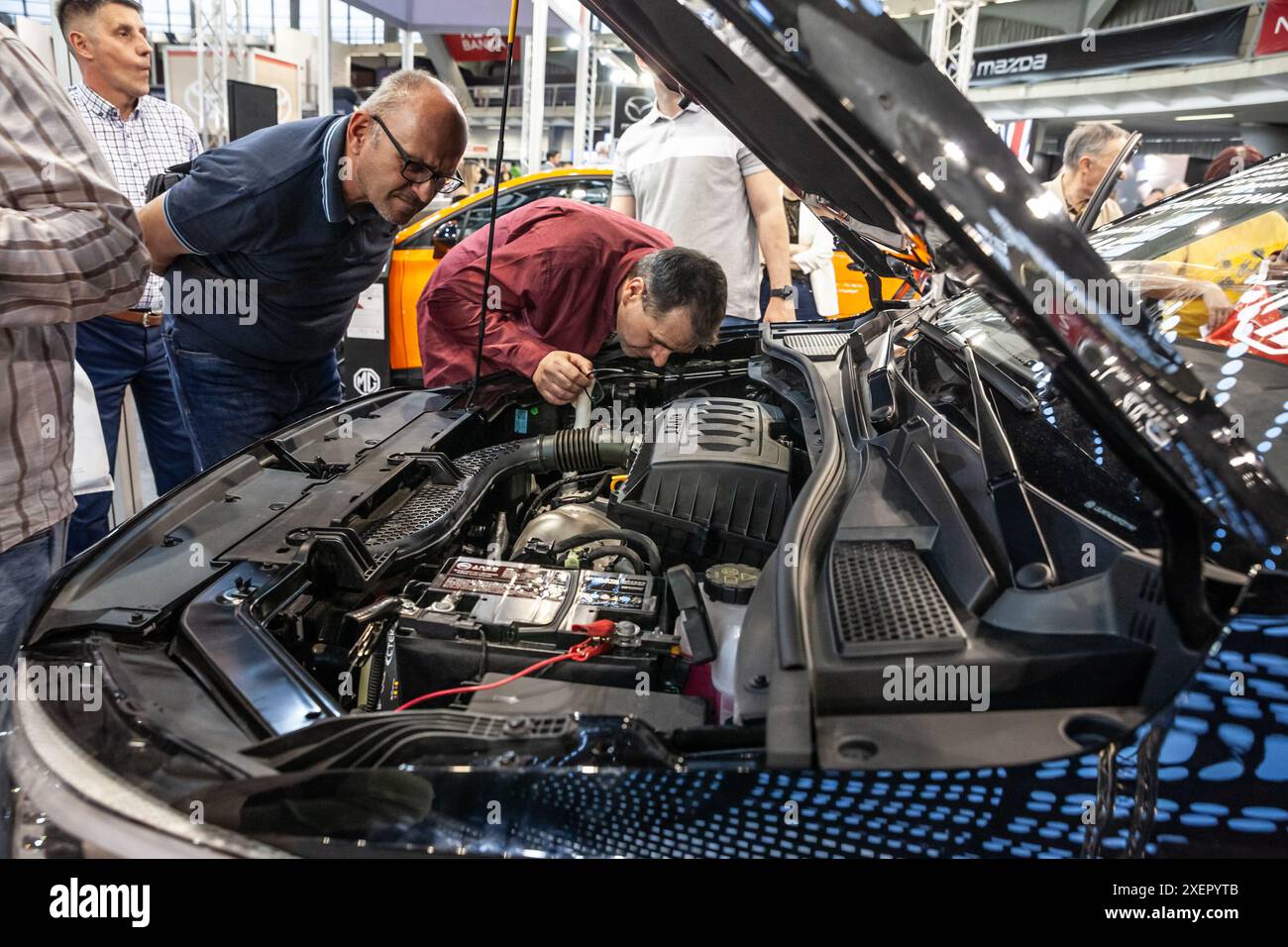 Potential buyers closely inspecting the engine of a brand new car at a ...