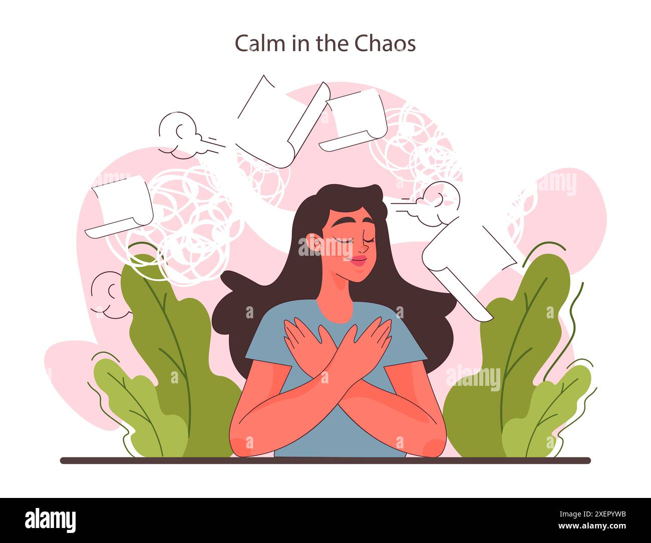 Resilience. Calm female character with chaos aroud. Mental or emotional ...