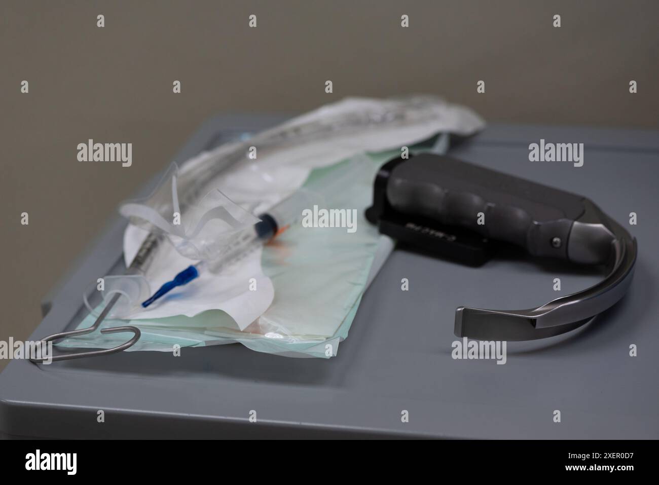 Close-up of medical intubation equipment, including a laryngoscope ...