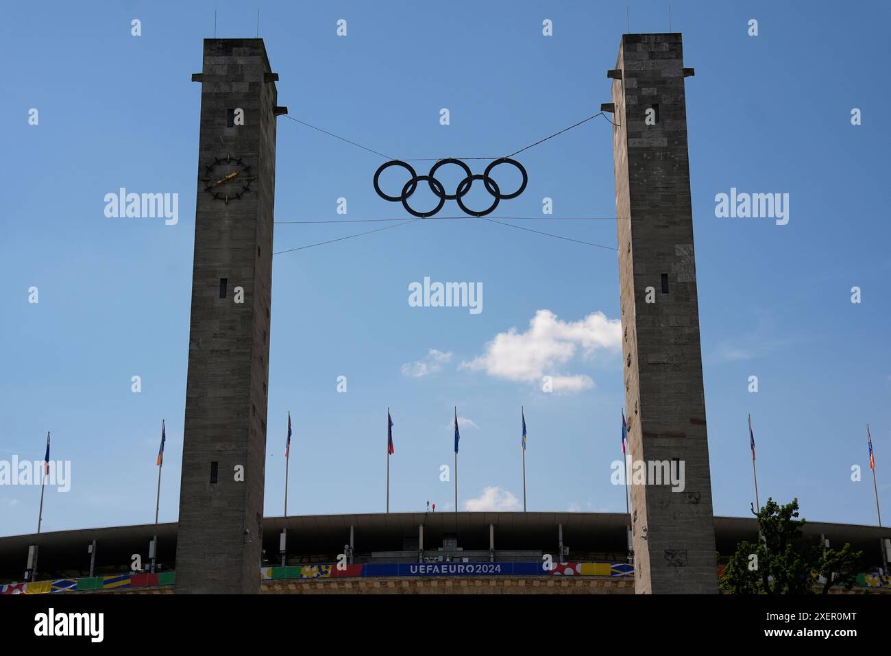 A view of the Olympic Rings hanging between the two pillars outside the ...