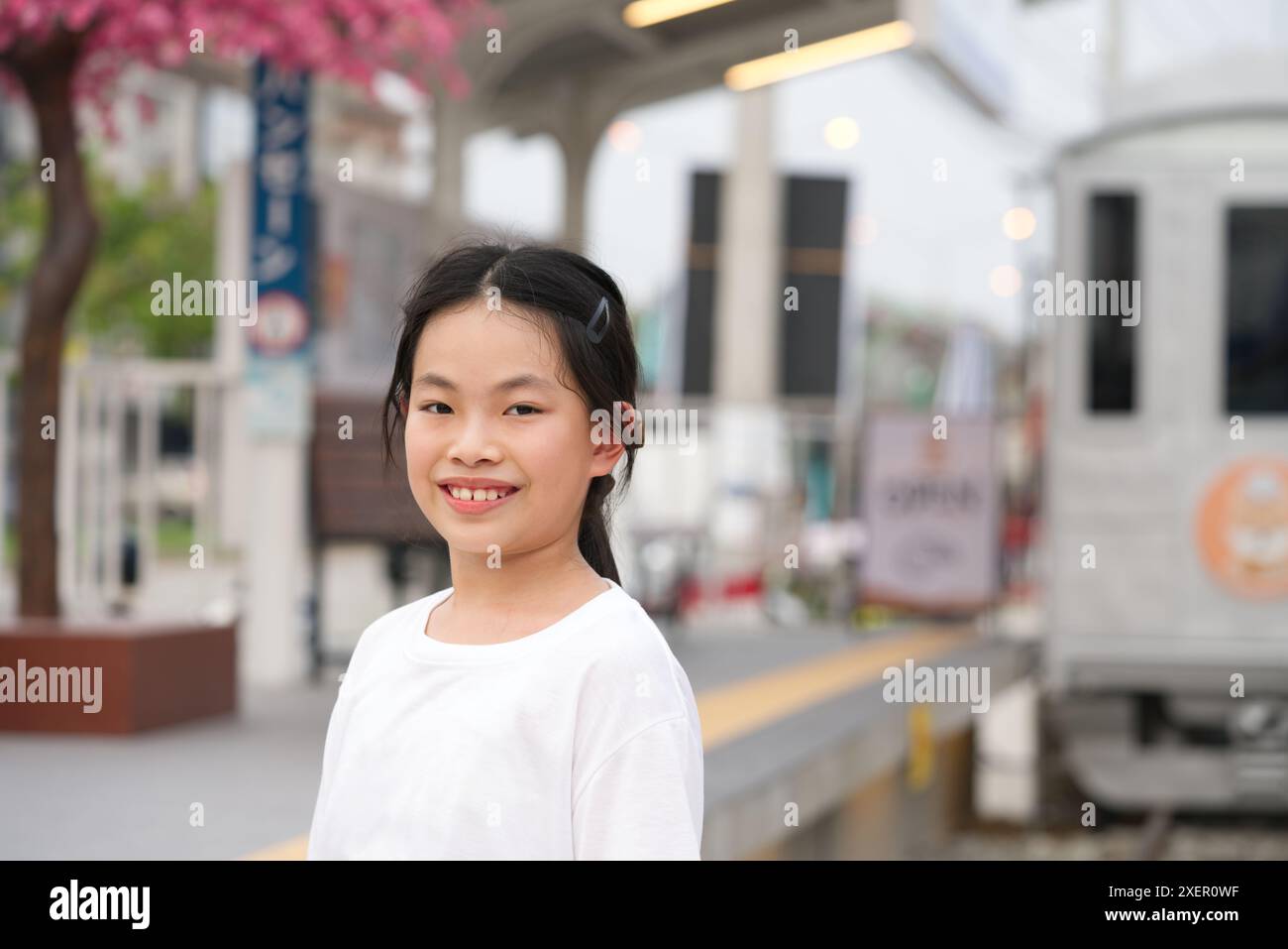 Portrait tourists Asian child girl at Bangsaen Fish Market of Chonburi ...