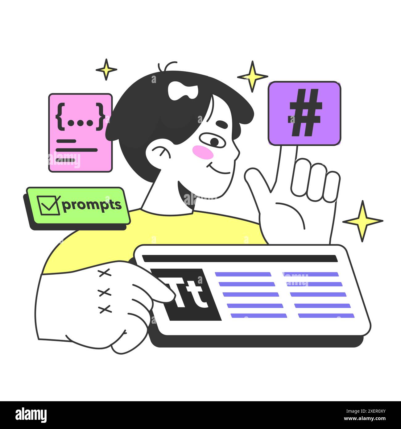 Young male prompt-engineer writing a prompt to a artificial neuron ...