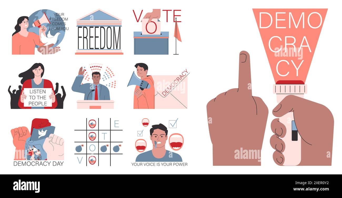 Democracy set. Political system, liberty and voting principle. Rule of ...