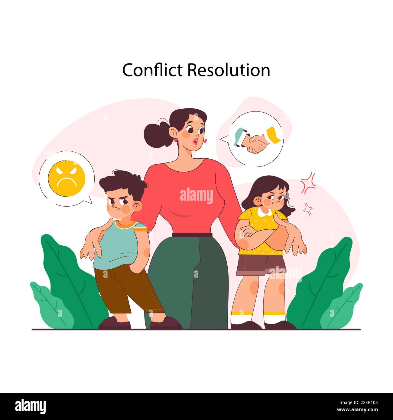 Positive parenting. Conflict resolution. Mother mediate her kids argument. Formation of little ...