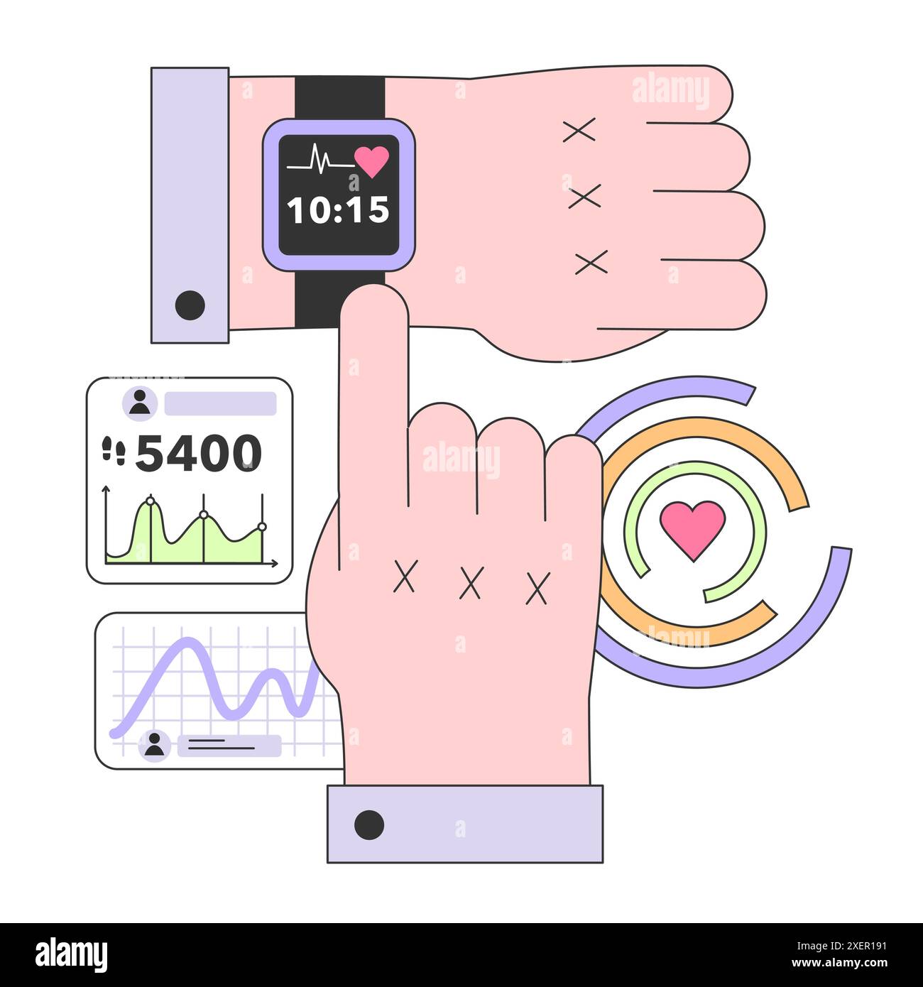 Health tracker smart watch. Character using electronic gadget to ...