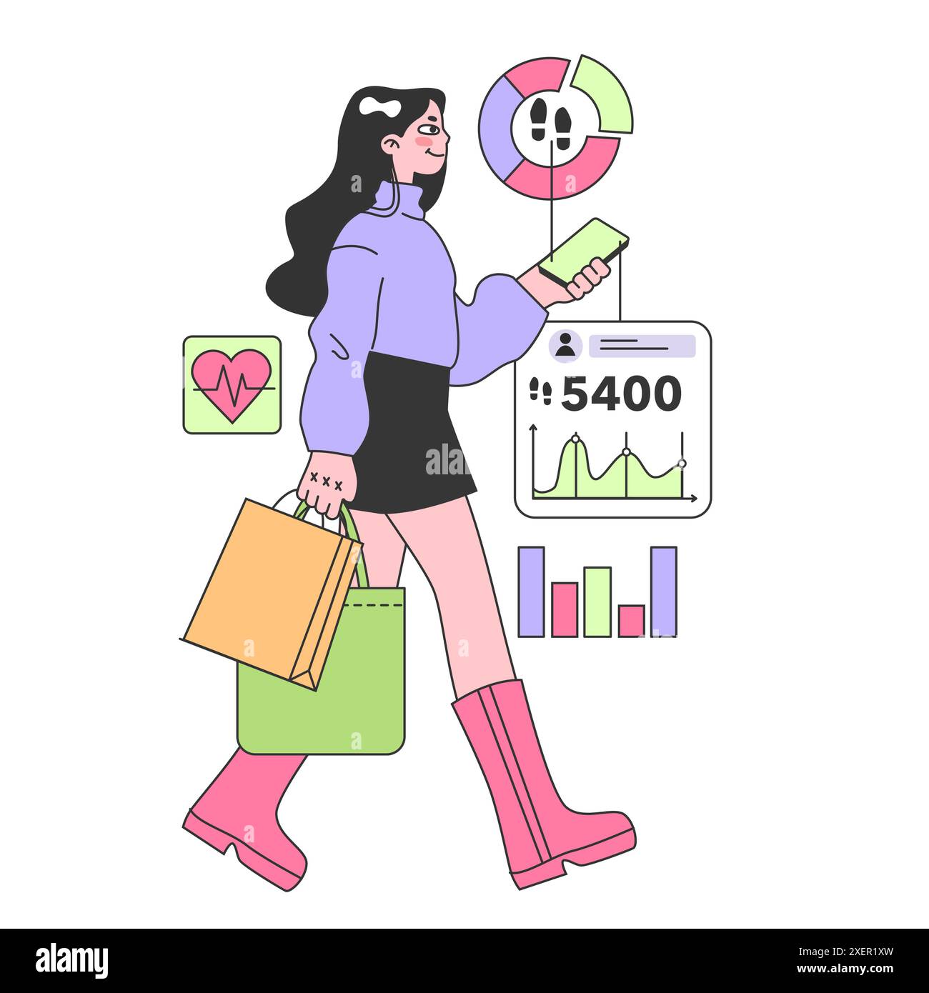 Health and wellness tracker application. Young female character using ...