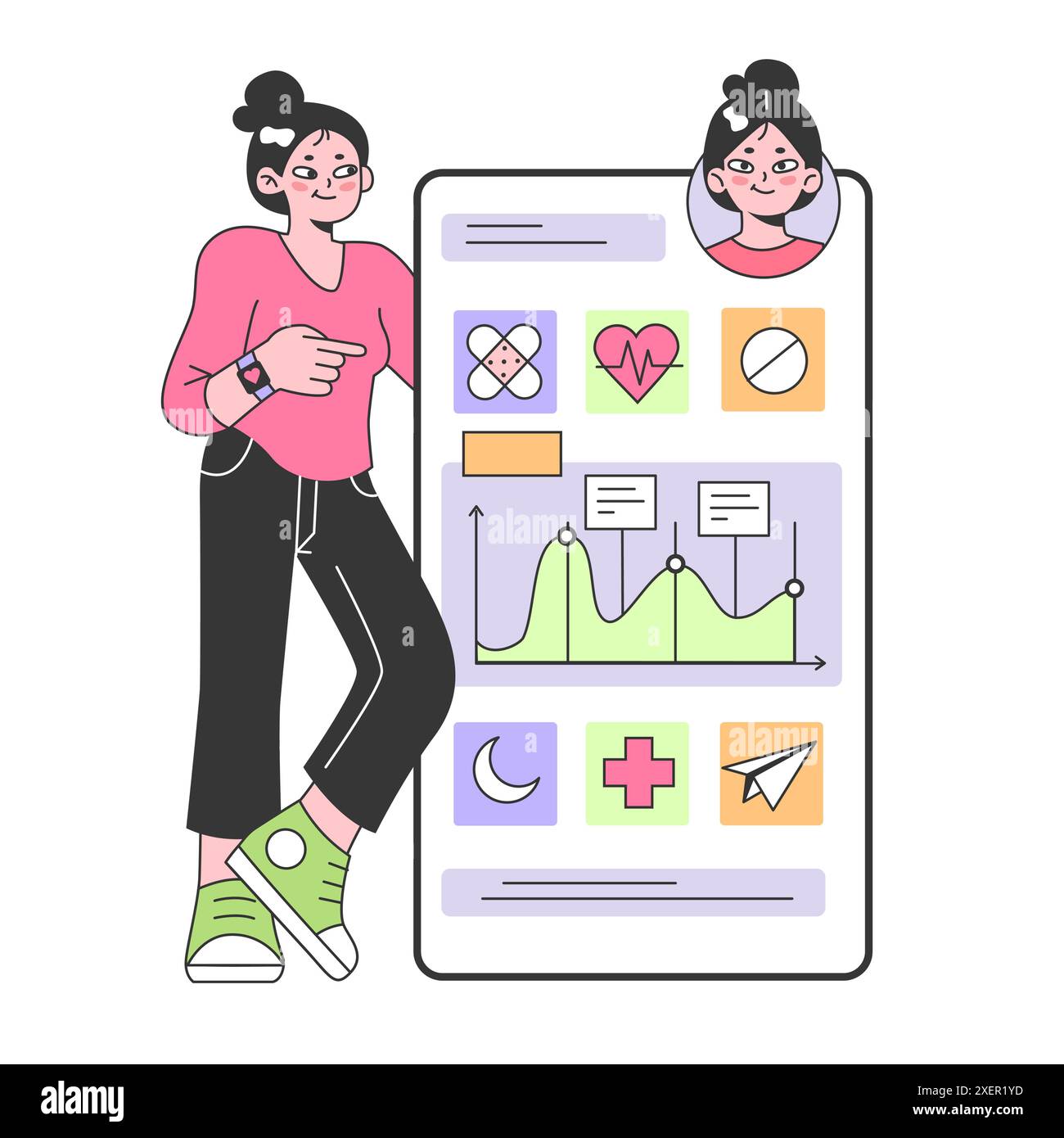 Health and wellness tracker application. Young female character using ...