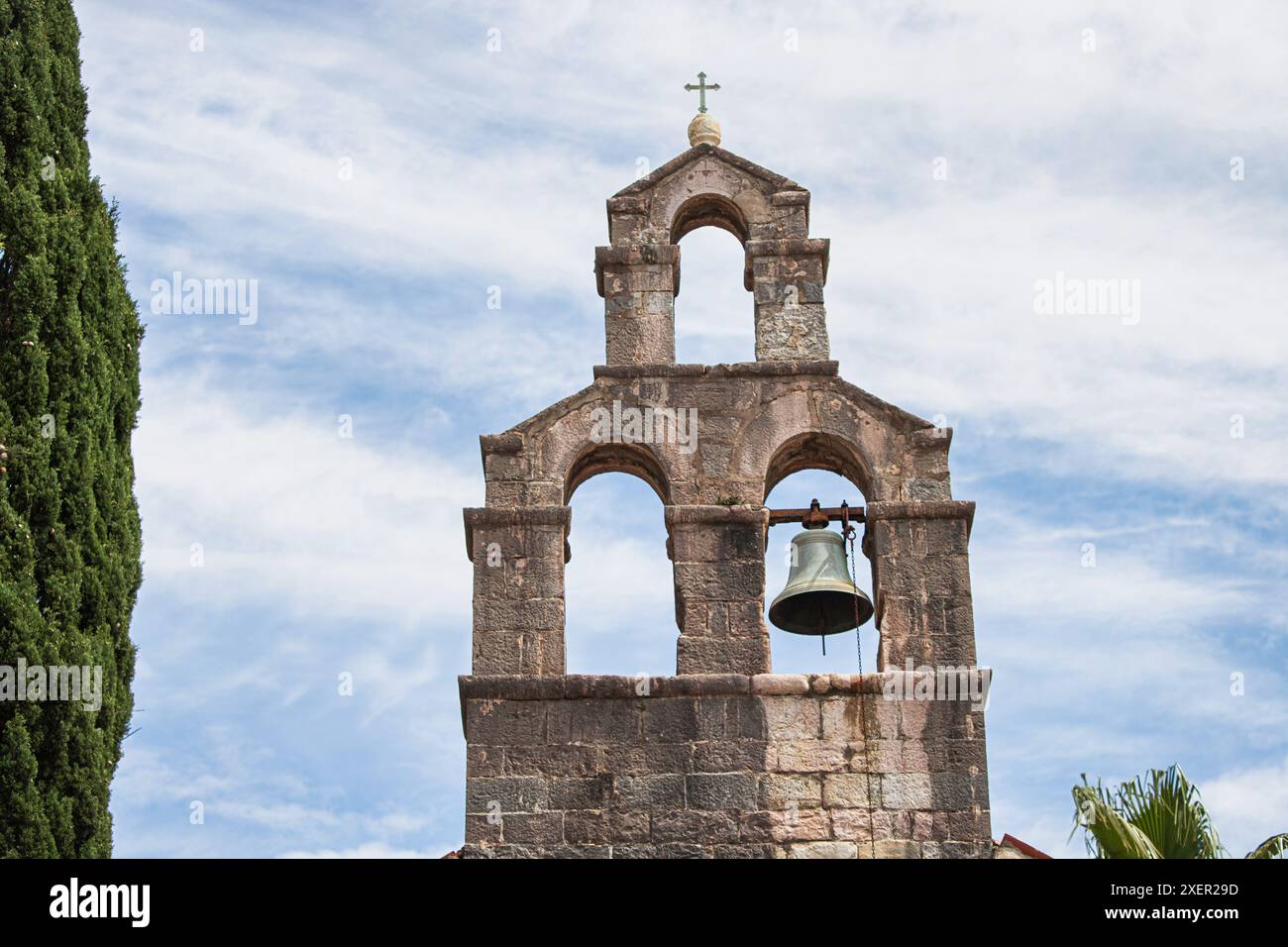 Historic monastery bell tower in Montenegro, featuring ancient European ...