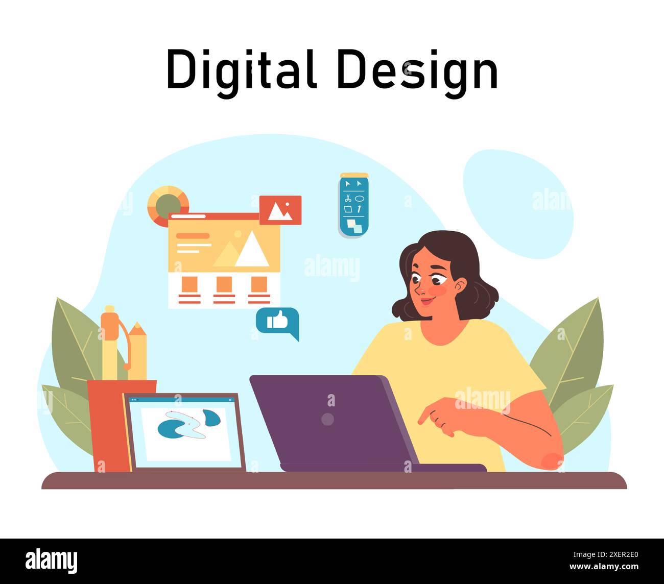 Web or digital designer. Female character works on website or software ...